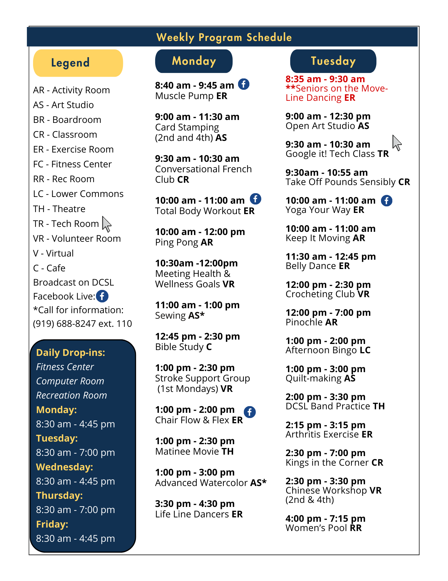 Weekly Schedule – Durham Center for Senior Life | Nonprofit Organization